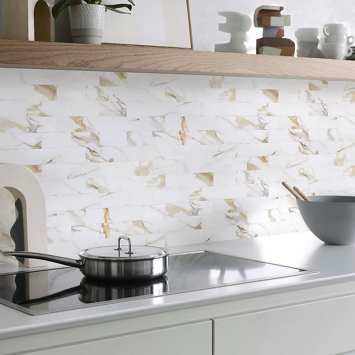 STICKGOO 10-Sheet Peel and Stick Backsplash for Kitchen, Stick on Kitchen Backsplash PVC Wall Tile, Calacatta Golden Self Adhesive Subway Tile