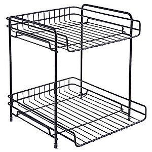 2 Tier Cabinet Organizer, Lainrrew Stackable Under Sink Organizer Mesh Basket Under the Sink Storage Organizer Shelves Rack for Home, Kitchen, Bathroom, Countertop (Black)