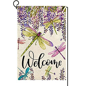 Baccessor Spring Summer Flower Garden Flag Wisteria Dragonfly Floral Welcome Small Yard Flag Burlap Double Sided Vertical Seasonal Farmhouse Wedding Yard Outdoor Decoration 12x18 Inch
