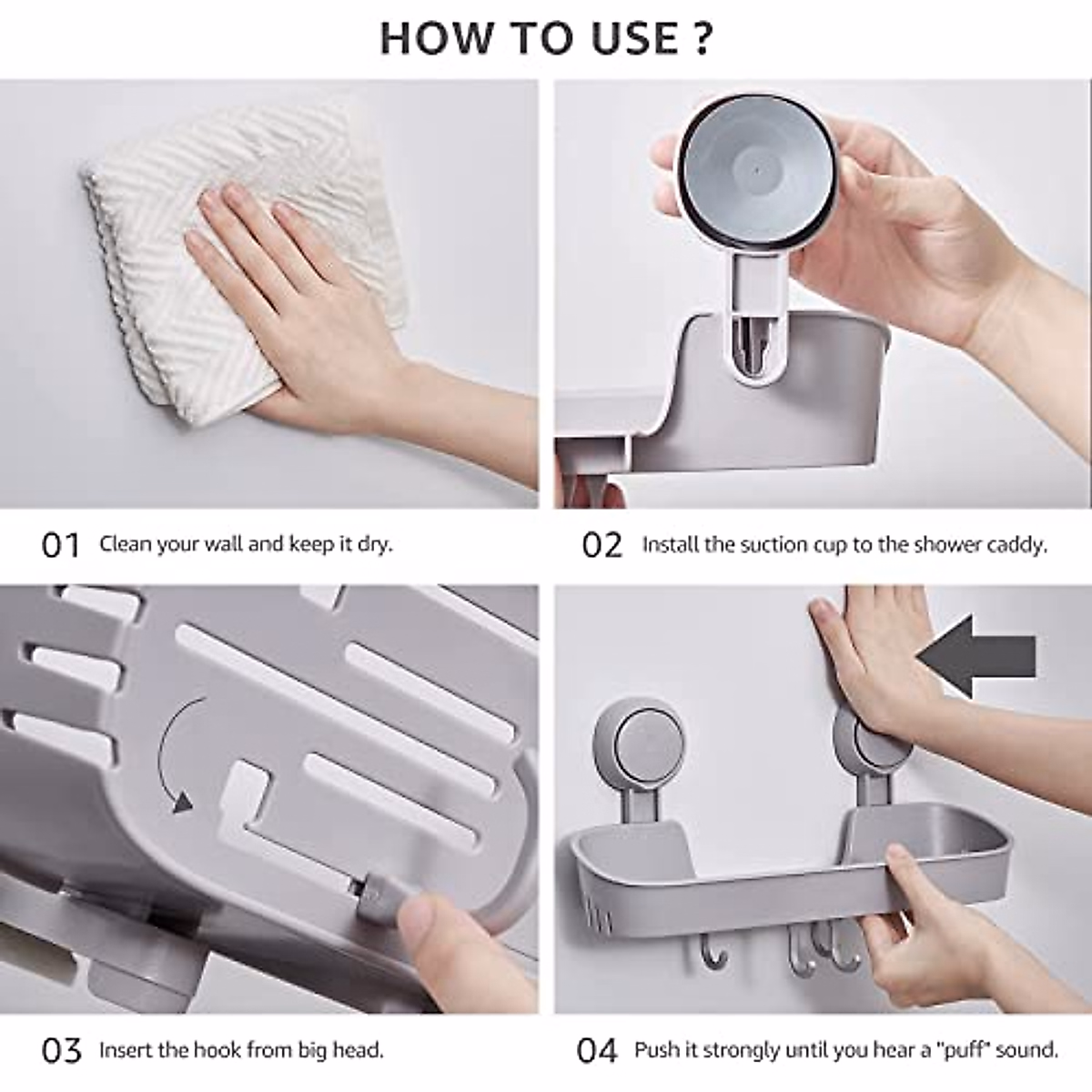 LEVERLOC Soap Holder Shower Caddy with 4 Hooks for Shower Suction Cup Wall Mounted NO-Drilling Removable Waterproof Strong Vacuum Suction Holder for Shower Bathroom Bathtub Kitchen