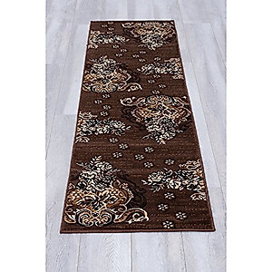CHAMPION RUGS Floral Abstract Modern Contemporary Flower Pattern Design Area Rug Chocolate Brown Black Gold and Beige (2 Feet X 7 Feet Runner)