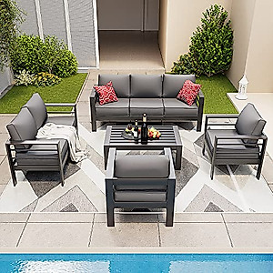 Amopatio Aluminum Patio Furniture Set, 8 Pieces Modern Patio Conversation Sets, Outdoor Sectional Metal Sofa with Cushion and Coffee Table for Balcony, Garden, Dark Grey (Included Waterproof Covers)