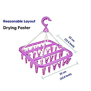 Rivama Clothes Drying Hanger with 32 Clips,Baby Clothes Drying Rack,Sock Clips for Laundry Foldable Clothes Hangers for Drying Socks,Towels,Underwear,Bras,Diapers,Baby Clothes,Gloves,Hats (Purple)