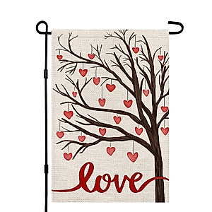 CROWNED BEAUTY Valentines Day Garden Flag 12×18 Inch Love Heart Tree Double Sided for Outside Small Burlap Holiday Yard Decoration