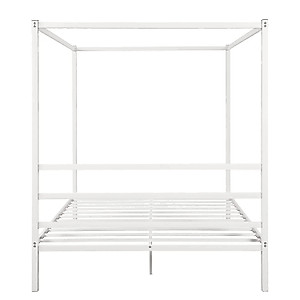 Metal Framed Canopy Platform Bed with Built-in Headboard,No Box Spring Needed, Classic Design, Queen,White