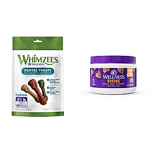 Whimzees Natural Grain Free Daily Dental Dog Treats, Brushzees, Extra Small, Bag of 48 + Wellness Skin & Coat Soft Chew Dog Supplements, Barkin' Bacon Flavored, 45 Count