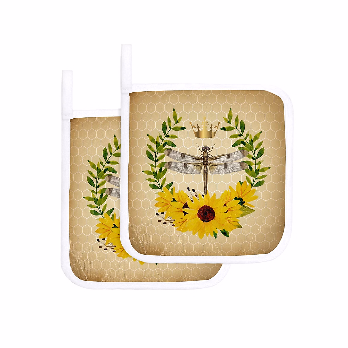 Pot Holder Set of 2 Dragonfly and Crown Sunflower Wreath Potholder Heat Proof Non-Slip Pot Holders,Yellow Honeycomb Hot Pads Potholders for Kitchen Cooking Baking BBQ