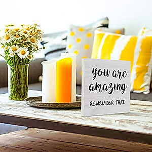 2 Pieces Wooden Inspirational Box Signs You Are Amazing Desk Home Decor Signs Rustic Positive Wood Plaque, One Small Positive Thought in the Morning Can Change Your Whole Day Sign, 5.25 Inch