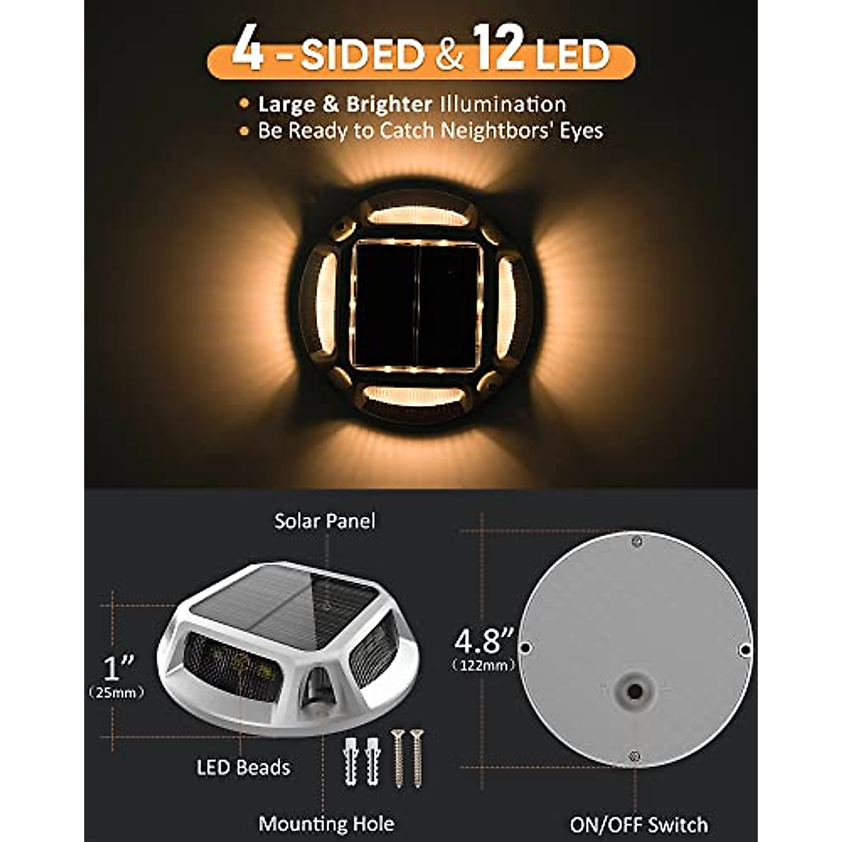 JACKYLED 8-Pack Solar Deck Lights Outdoor, 12 LED Solar Dock Lights Marine Waterproof, Dusk to Dawn Solar Lights for Backyard Sidewalk Garden Pathway Walkway Patio Backyard (Warm White)