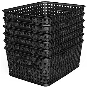 WYT Woven Storage Organizer Basket, 6-Pack Black Plastic Weave Baskets, 10.1 x 7.55 x 4.1