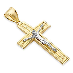 The World Jewelry Center 14k REAL Two Tone Gold Crucifix Jesus Cross Religious Charm Pendant (Size : 55 x 26 mm)