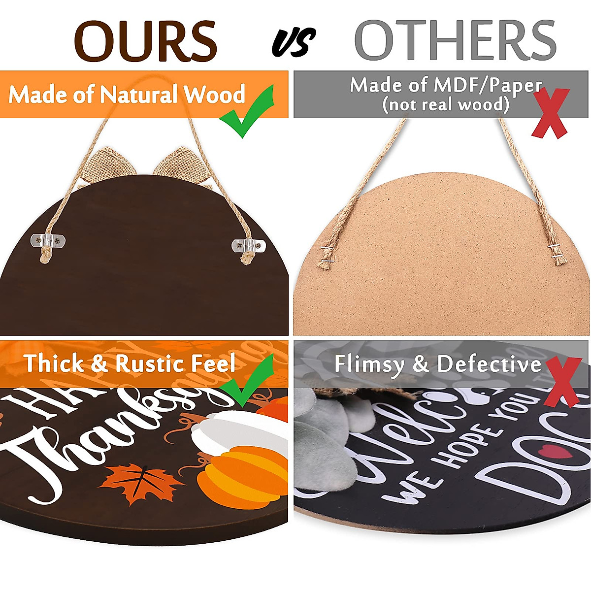 Happy Thanksgiving Wooden Front Door Sign Fall Holiday Rustic Natural Wood Round Door Hanger with Orange Buffalo Plaid Bow Wall Art with Pumpkins Autumn Leaves Decoration Ideas 12 Inches