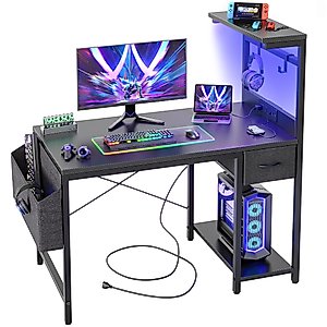 TIQLAB Gaming Desk 40 inch with Power Outlet and LED Light, Computer Desk with Reversible Shelves and Storage Drawer, Small PC Desk for Home Office Table with Bag, Carbon Fiber Black