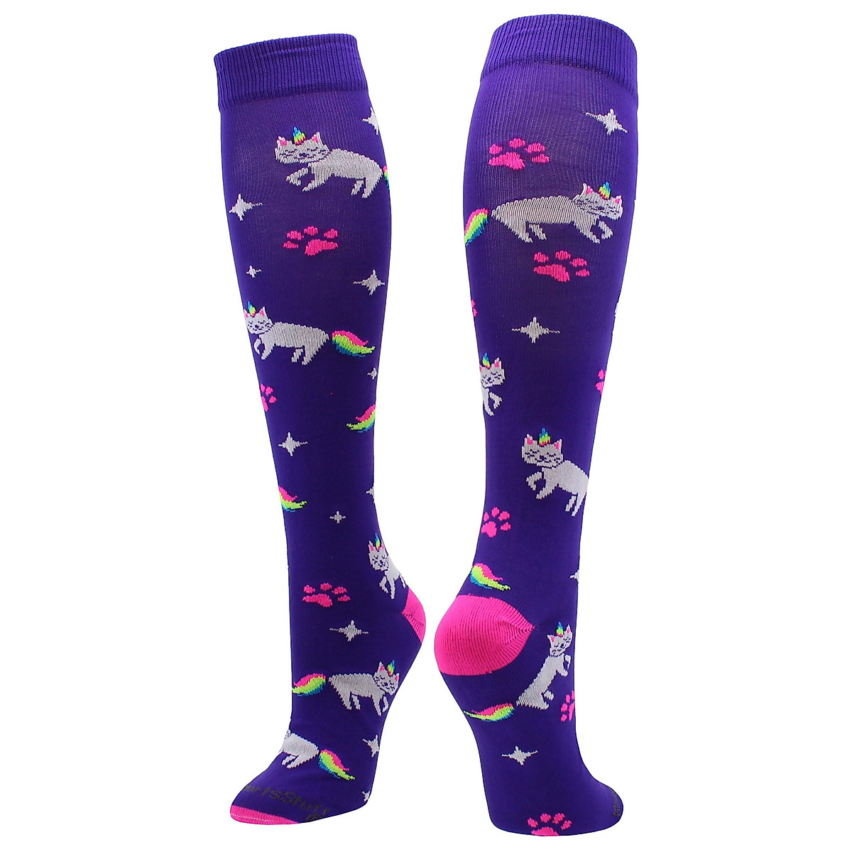 MadSportsStuff Neon Rainbow Caticorn Over the Calf Socks (Purple/Neon Pink, Small)