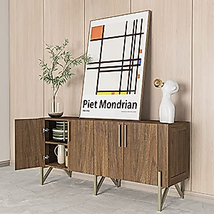 roomfitters 65” Wood TV Stand, 2 Door Media Console, Modern Credenza for Living Room, Mid Century Sideboard Buffet Cabinet, Japandi Entertainment Center with Storage (Walnut, Gold Legs)