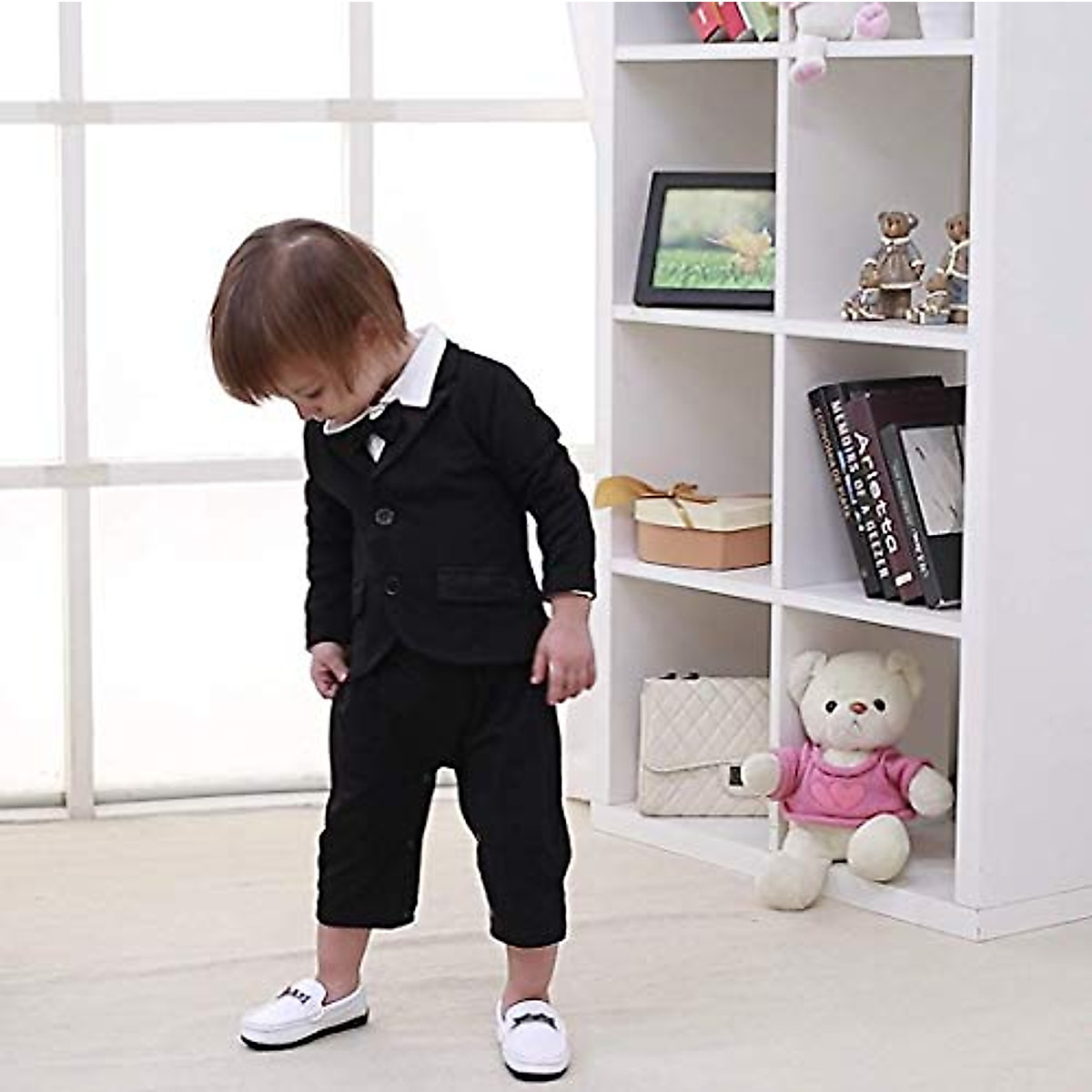 Bilo Store Newborn Infant Baby Boys Tuxedo Bow Tie Jumpsuit Romper and Black Jacket 2-pc Formal Wear Suit 3-6 Months
