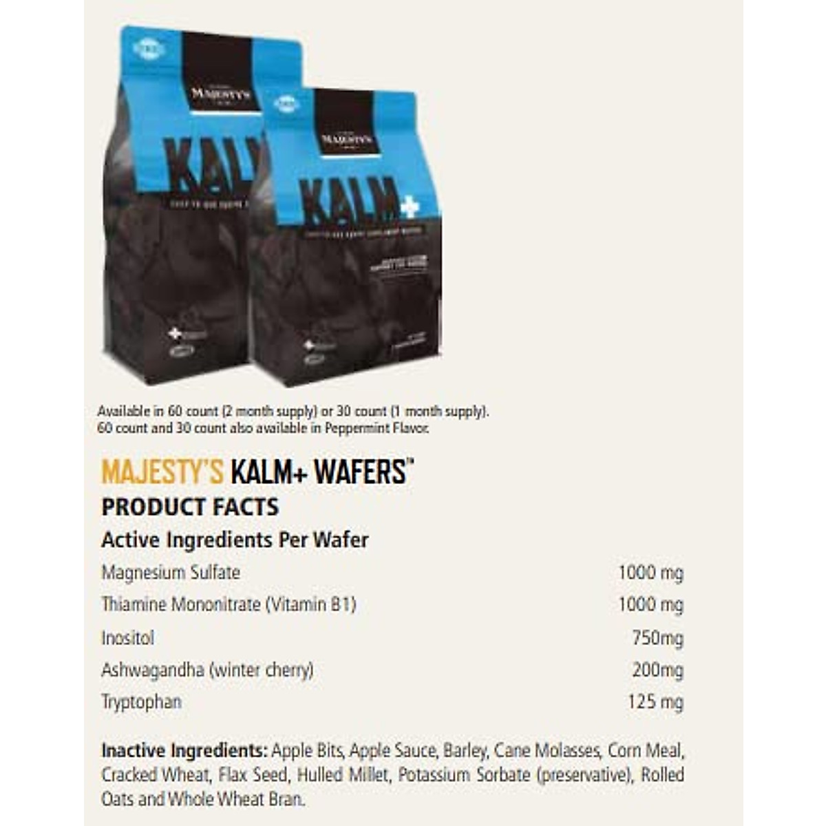 Majesty's Kalm Wafers - Supports Horse / Equine Balanced Behavior and Normal Nervous System Function - Tryptophan, Vitamin B1, Winter Cherry, Inositol - 60 Count (2 Month Supply)