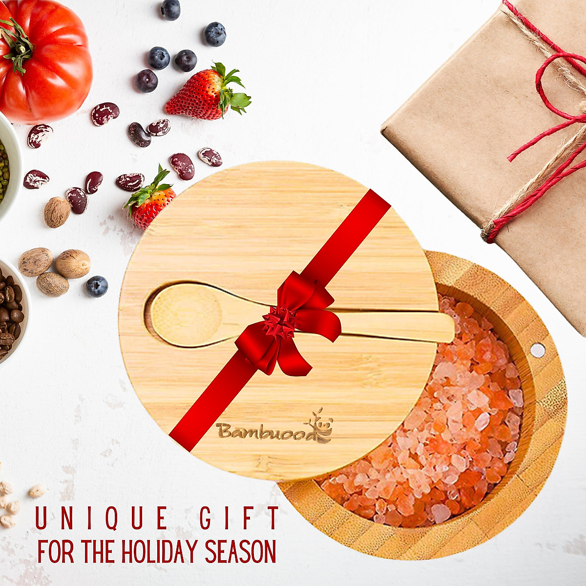 Bambuood Premium Bamboo Salt Cellar with Swivel Magnetic Lid - 100% Handmade, Elegant Salt & Spices Storage Box and Multi-Use Container with Mini Spoon.