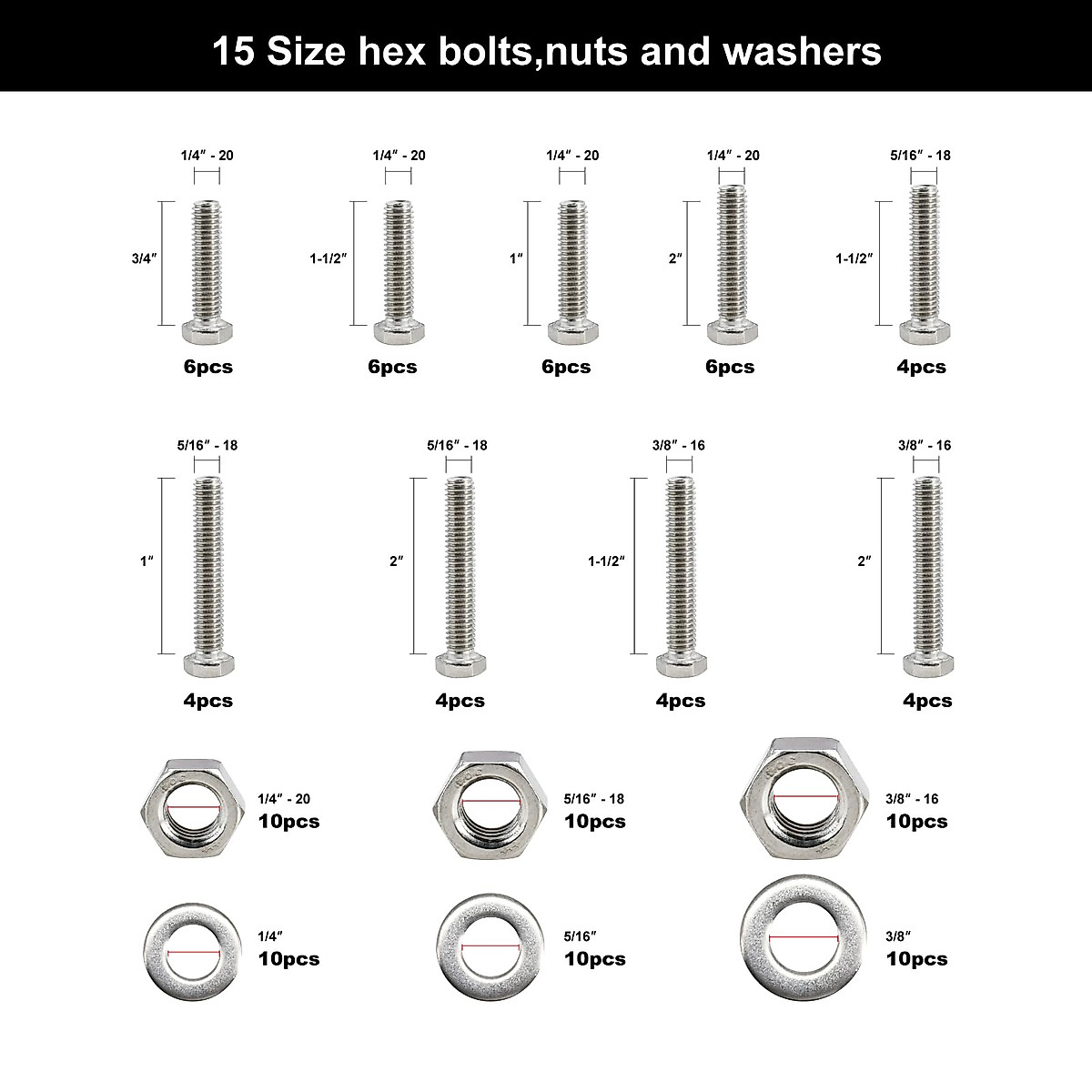 Dana Fred 104PCS 304 Stainless Steel Bolts and Nuts Kit,Hex Bolts and Nuts Assortment Set,1/4-20,5/16-18,3/8-16,15 Sizes Machine Screw Assortment Kit