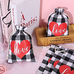 Whaline 25 Pack Valentine's Day Burlap Gift Bags Black White Buffalo Plaid Drawstring Bags Love Heart Prints Linen Pouches Sacks for Wedding Bridal Shower Party Favors Supplies, 5 x 7 Inch