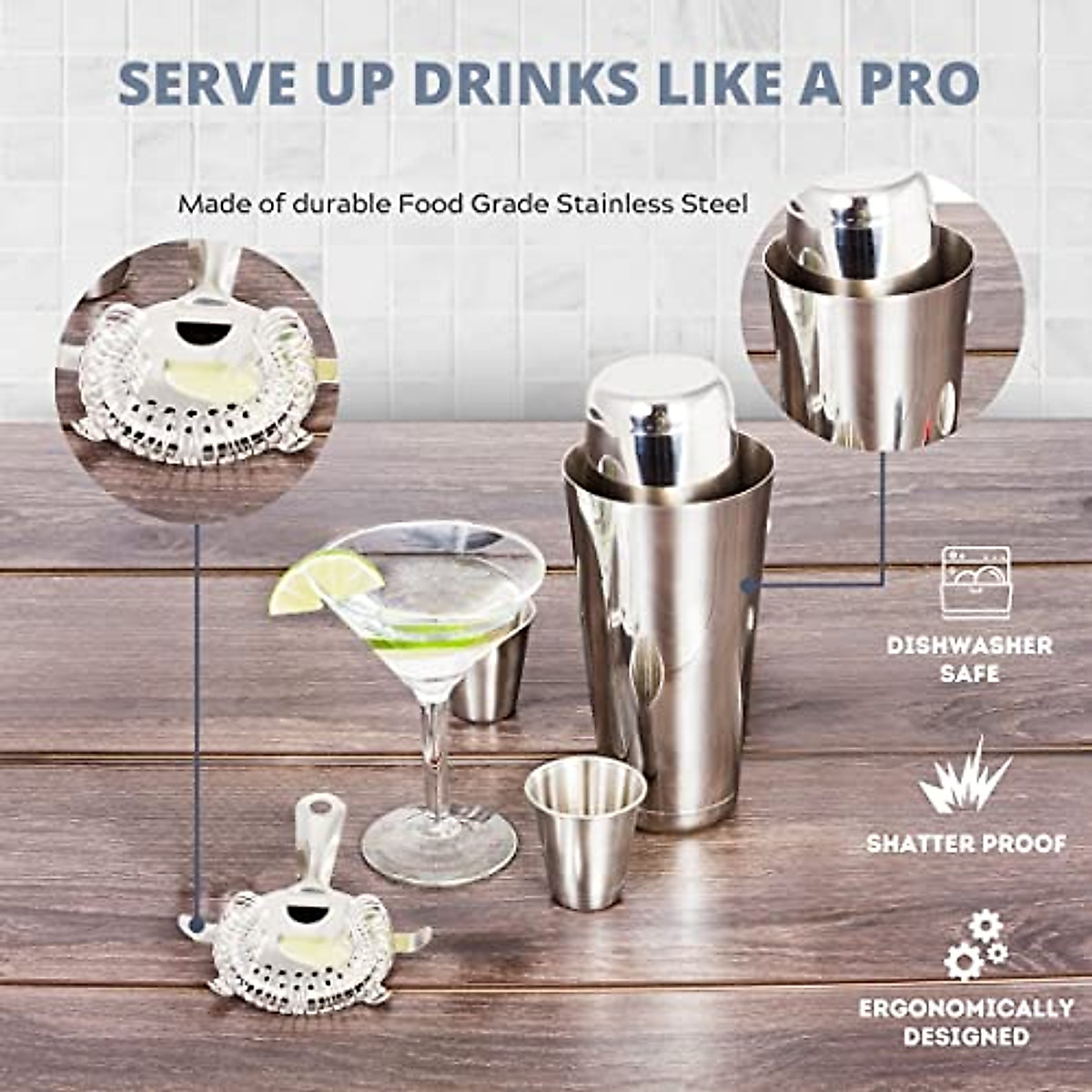 LexiHome 16 Pc Cocktail Making Set, Bartender Kit, Cocktail Shaker Gift Set, Bar Accessories, Drink Tool Kit with Drink Shaker, Hawthorne Strainer, Bar Spoon, Bottle Opener, Tin Shot Glasses, & More