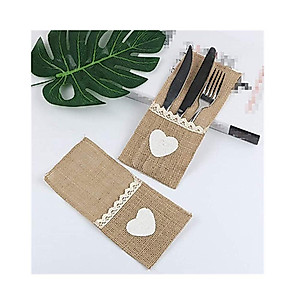 KAISIDA 10 Pcs Burlap Lace Utensil Cutlery Holders Cutlery Pouch Knifes Forks Bag for Vintage Natural Wedding Bridal Shower Tableware Christmas Party (4x8inch, Heart)