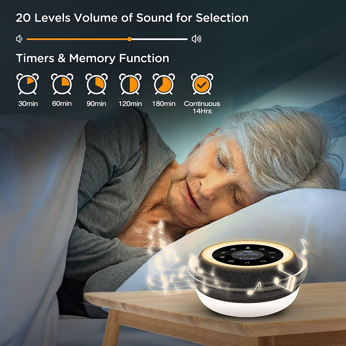 White Noise Machine with Warm Night Light for Adults Baby Sleeping, Sound Machine for Bedroom Kids with 32 Soothing Sounds, 6 Timers, Rechargeable & Headphone Jack
