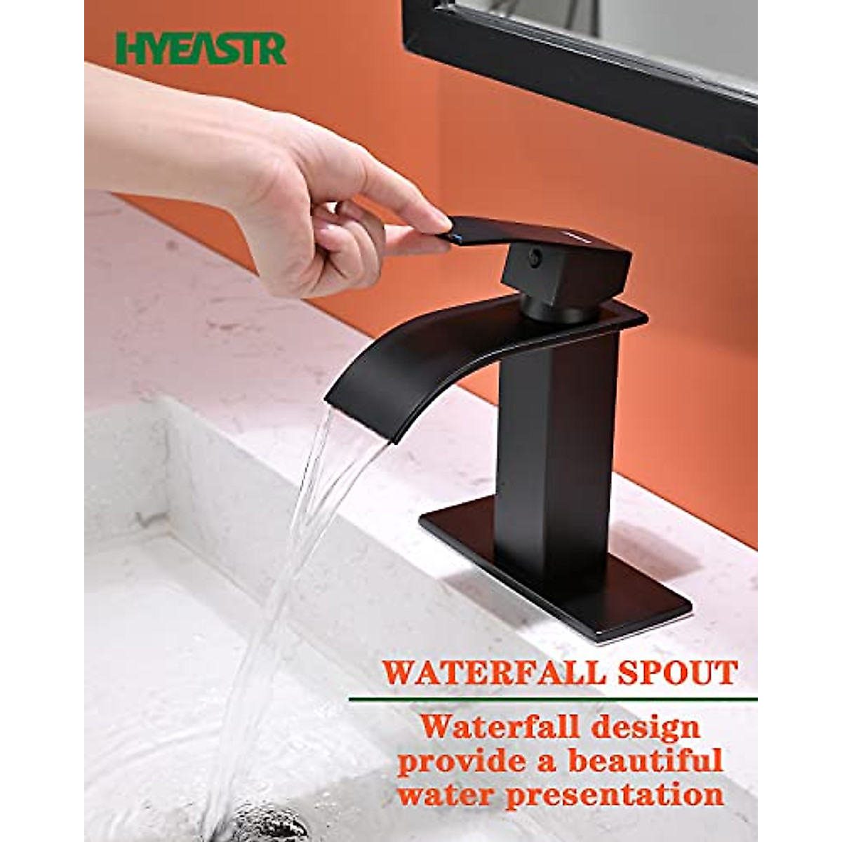 HYEASTR Waterfall Bathroom Faucet Single Handle Bathroom Sink Faucet with Overflow Pop Up Drain & Supply Lines Matte Black 1 Hole