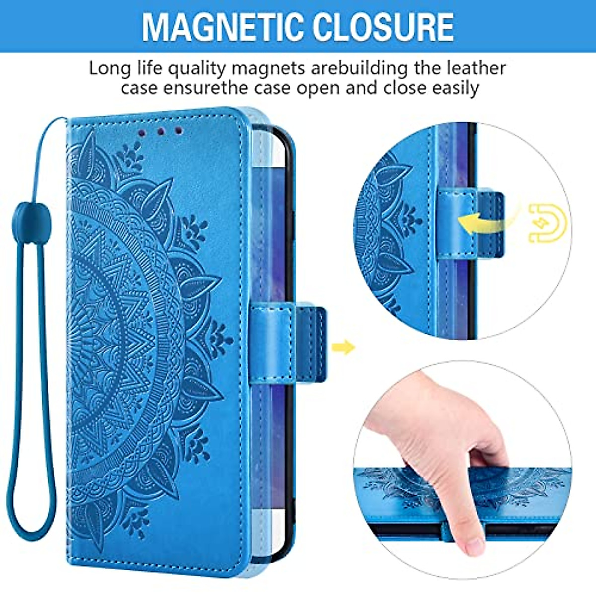 Asuwish Compatible with Oppo Reno 6 5G Wallet Case and Tempered Glass Screen Protector Credit Card Holder Flip Purse Accessories Wrist Strap Stand Folio Cell Phone Cover for Reno6 2021 Women Men Blue