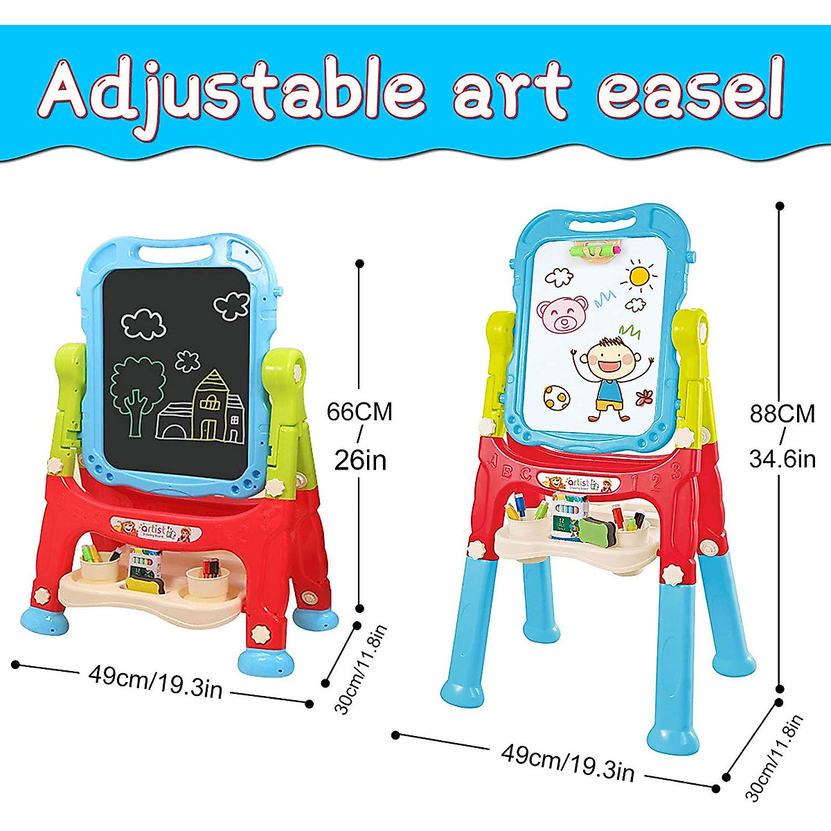Mojitodon Easel for Kids,Rotatable Double Sided Adjustable Standing Art Easel with Painting Accessories for Toddlers Boys and Girls-Blue