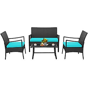 Tangkula 4 Pieces Rattan Conversation Set, Patio Sofa Couch Set with Tempered Glass Coffee Table, Seat Cushions, Outdoor Wicker Loveseat Set for Poolside, Courtyard, Balcony (1, Turquoise)