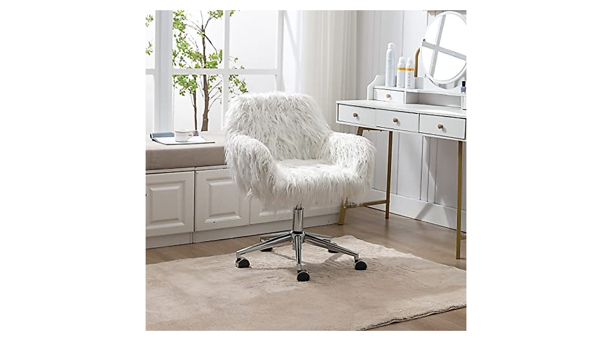 Goujxcy White Faux Fur Desk Chair - Stylish & Adjustable