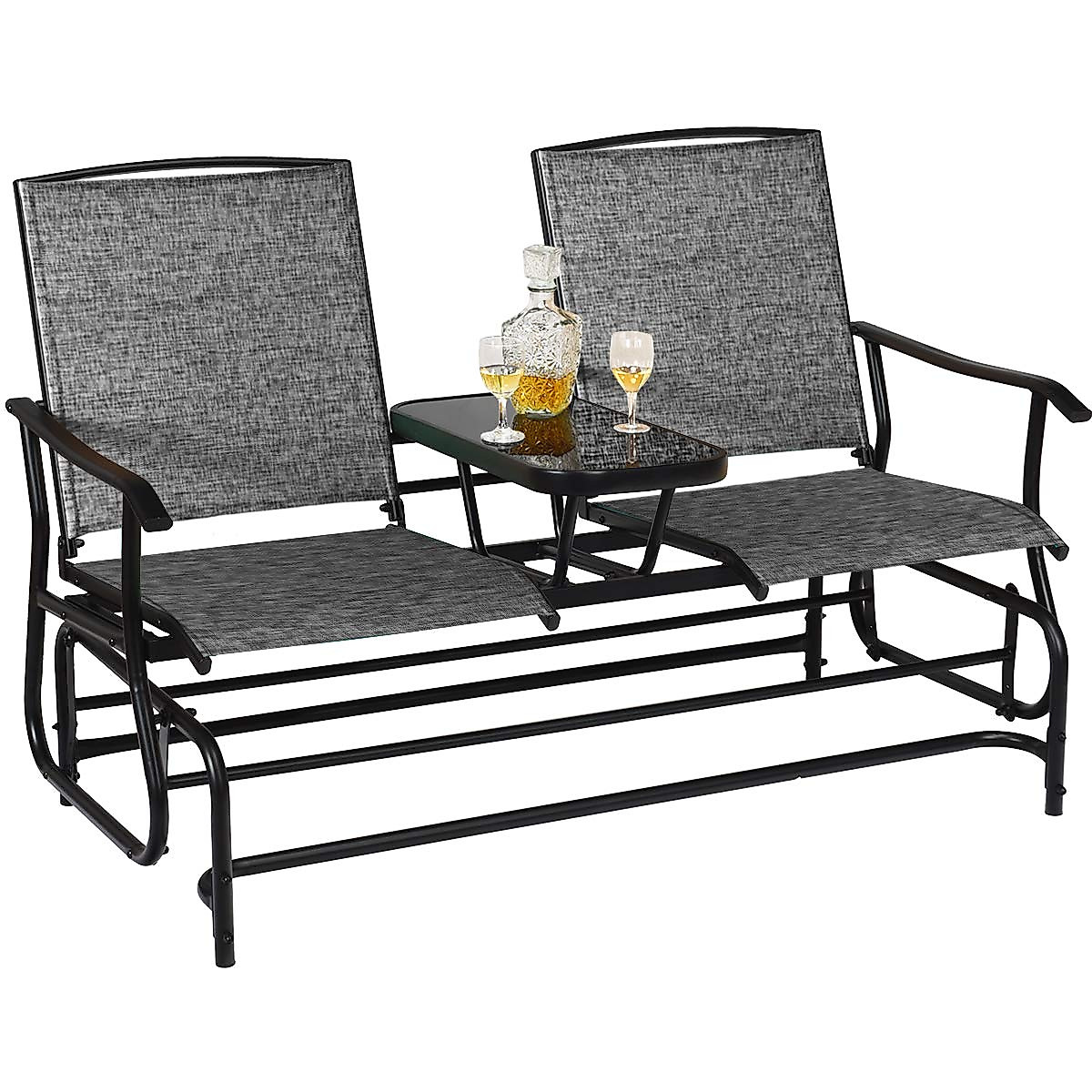 Giantex Patio Bench Glider Chair with Metal Frame, Center Tempered Glass Table, Outside Double Rocking Swing Loveseat for Porch, Garden, Poolside, Balcony, Lawn Rocker Outdoor Glider Bench(Gray)