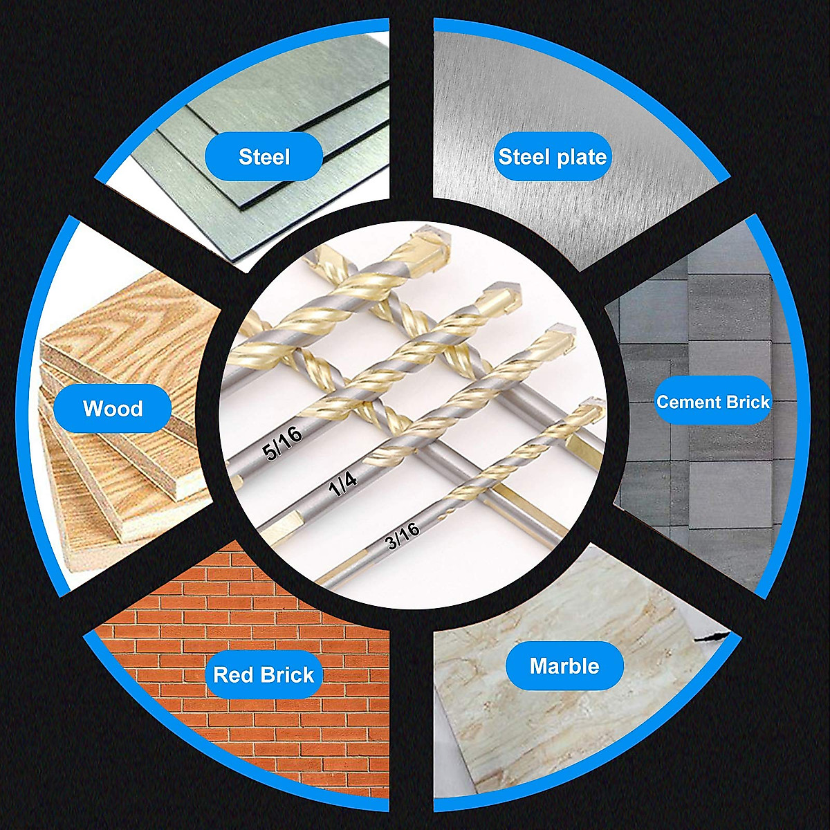 10 Pieces Masonry Drill Bits Set Glass Drilling Bits for Ceramic Tile Wood Porcelain Mirror Plastic Marble Wall with Strength Carbide Tips in Sizes-1/8, 5/32, 3/16, 1/4, 5/16, 3/8, 1/2 Inch, Gold