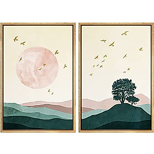 MUDECOR Framed Wall Art Print Set Gold Birds and Pink & Green Gradient Mountain Landscape Nature Wilderness Illustrations Modern Rustic Colorful for Living Room, Bedroom, Office - 16"x24"x2 Natural