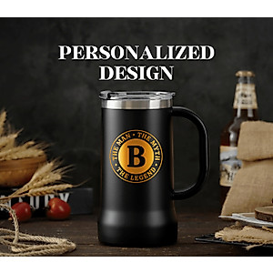 Onebttl Personalized Travel Mug with Handle, Beer Stein for Men, Funny Custom Alcohol Gifts for Beer Lovers, Unique Birthday Christmas Gifts for Him, the Man the Myth the Legend, D