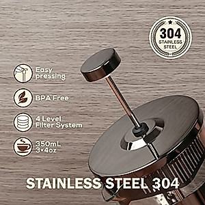 FAVIA French Press Coffee Maker 12 Ounce Stainless Steel with Borosilicate Glass Heat Resistant 4 Level Filtration System for Brew Coffee & Tea Dishwasher Safe 350ml (12oz, Stainless Black)