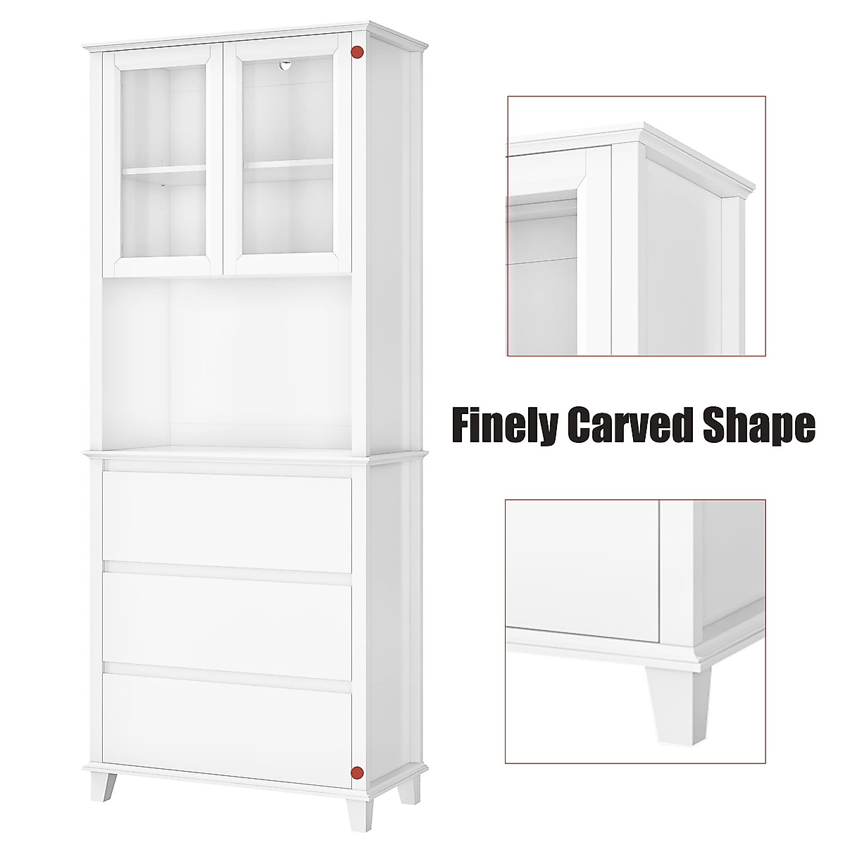 FACBOTALL 76'' Kitchen Pantry Storage Cabinet, Kitchen Buffet with Hutch, Tall Hutch Cabinet with Glass Doors, Coffee Countertop and 3 Large Drawers for Dining Living Room, White