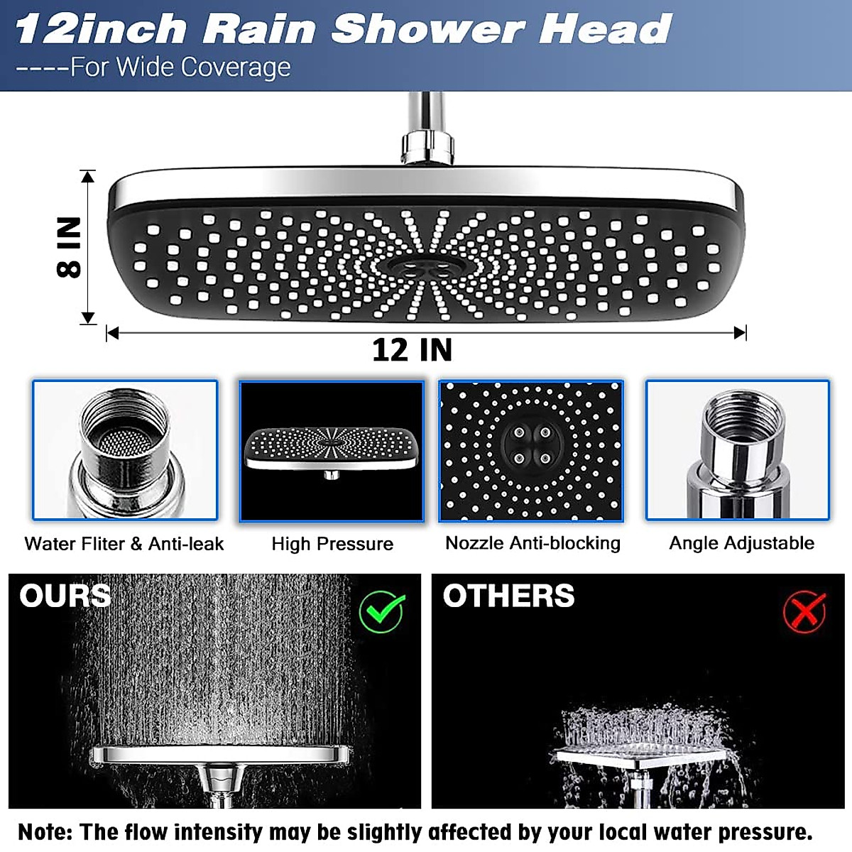 12" Rain Shower Head with Handheld Spray 4 Settings High Pressure Shower Head Rainfall Showerhead with Handheld Sprayer + 12" Shower Head Extension Arm,79" Shower Hose, 12" x 8" Rectangle Shower Heads