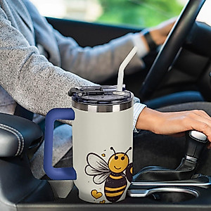 FHENMSA 40 Oz Insulated Coffee Mug Tumbler with Handle,Bee Love Honey Print Insulated Tumbler,Stainless Steel Travel Mug with Lid And Straw