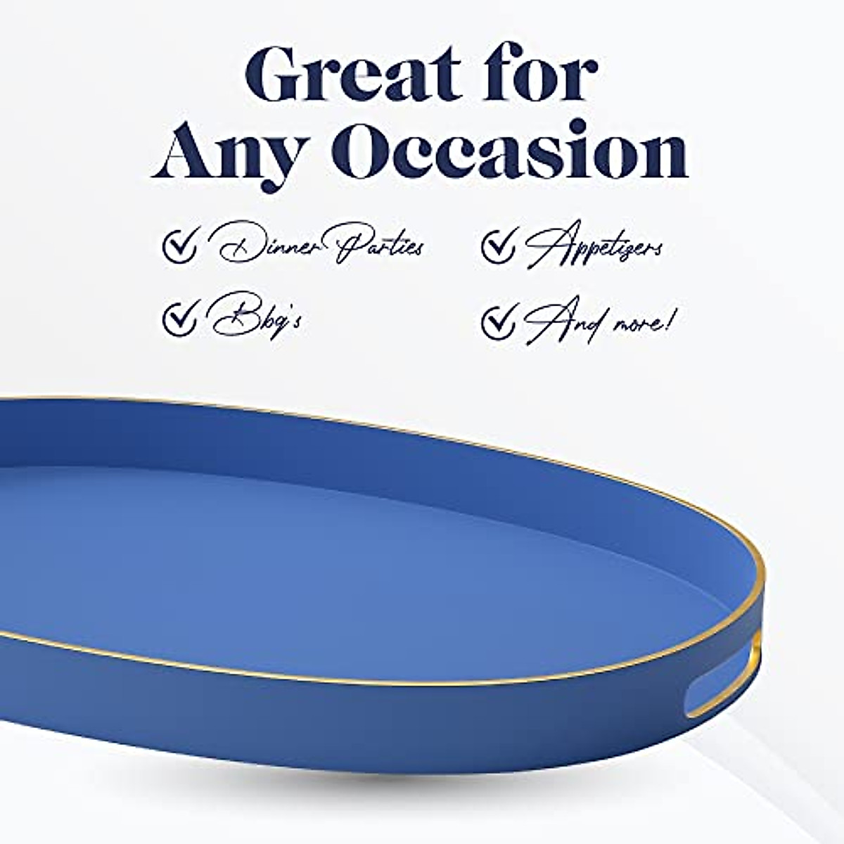 American Atelier Blue Serving Tray with Gold Trimming | Oval Serving Tray with Handles | Trays for Serving Food, Coffee, Tea, and More | Classic Oval Coffee Table Tray in Cobalt Blue
