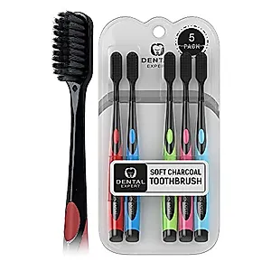 Charcoal Black Toothbrush [Gentle Soft] Slim Teeth Head Whitening Brush for Adults & Children [Family Pack] - Ultra Soft Medium Tip Bristles
