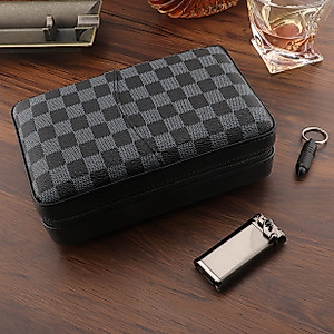 TISFA Cigar Humidor, Cedar Wood Travel Portable Leather Cigar Case, Removable Cedar Tray for 4 Cigars (Checkerboard Lattice)