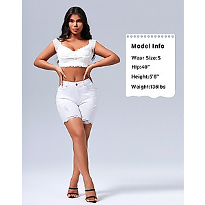 roswear Women’s Casual Summer Ripped High Waisted Denim Shorts Stretch Distressed Frayed Raw Hem Jean Shorts White Large