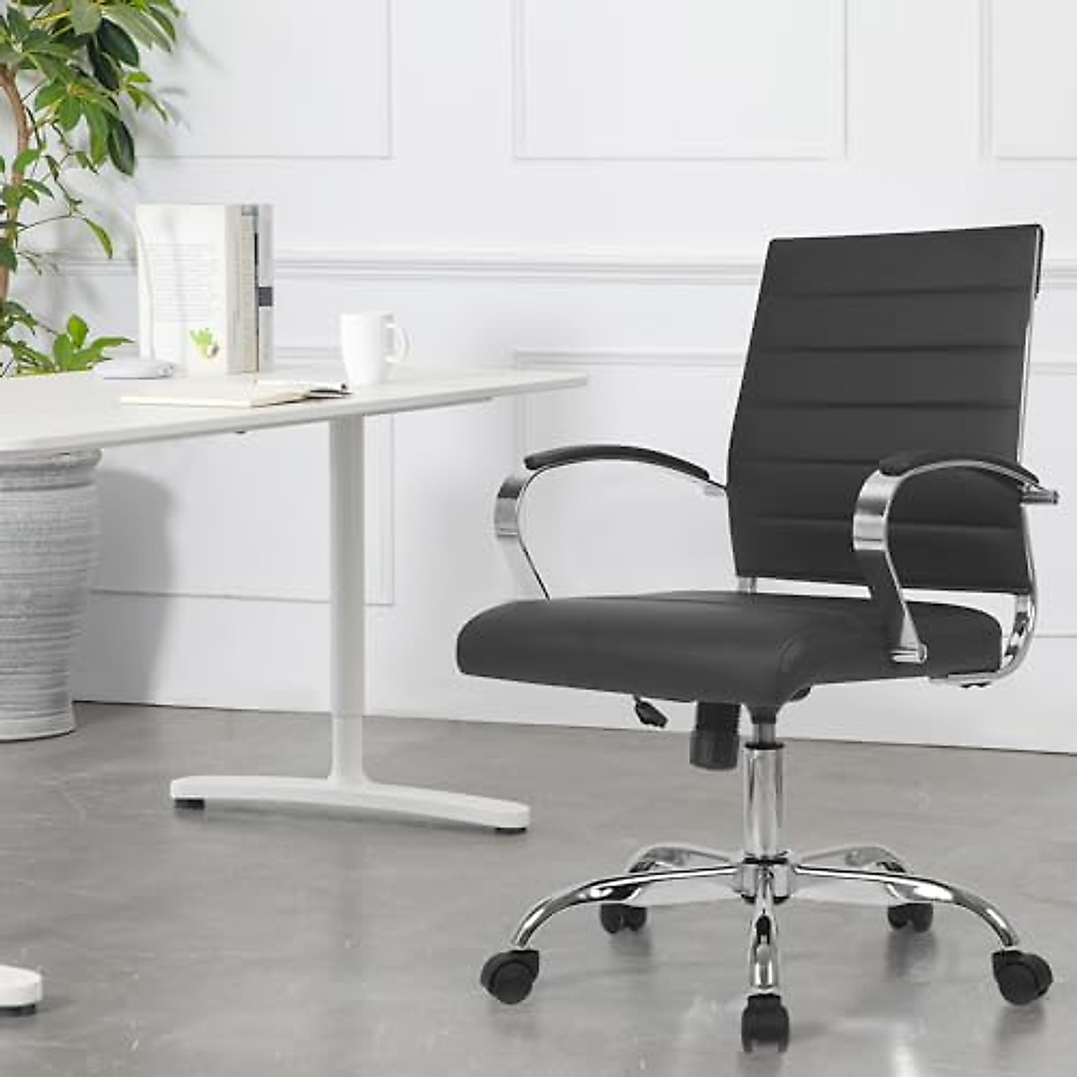 LANDSUN Home Office Chair Mid Back Desk Chair PU Leather Ribbed Executive Swivel Computer Chair with Wheels and Armrests Soft Padded Adjustable Height Conference Task Black