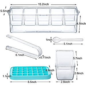 17 Pcs Condiment Server with Lid Chilled Condiment Tray with 5 Compartments Container Set Include 2 Garnish Tray, 3 Cocktail Ice Cube Tray, 6 Spoon 6 Tong, Bar Fruit Caddy with Lid Condiment Organizer