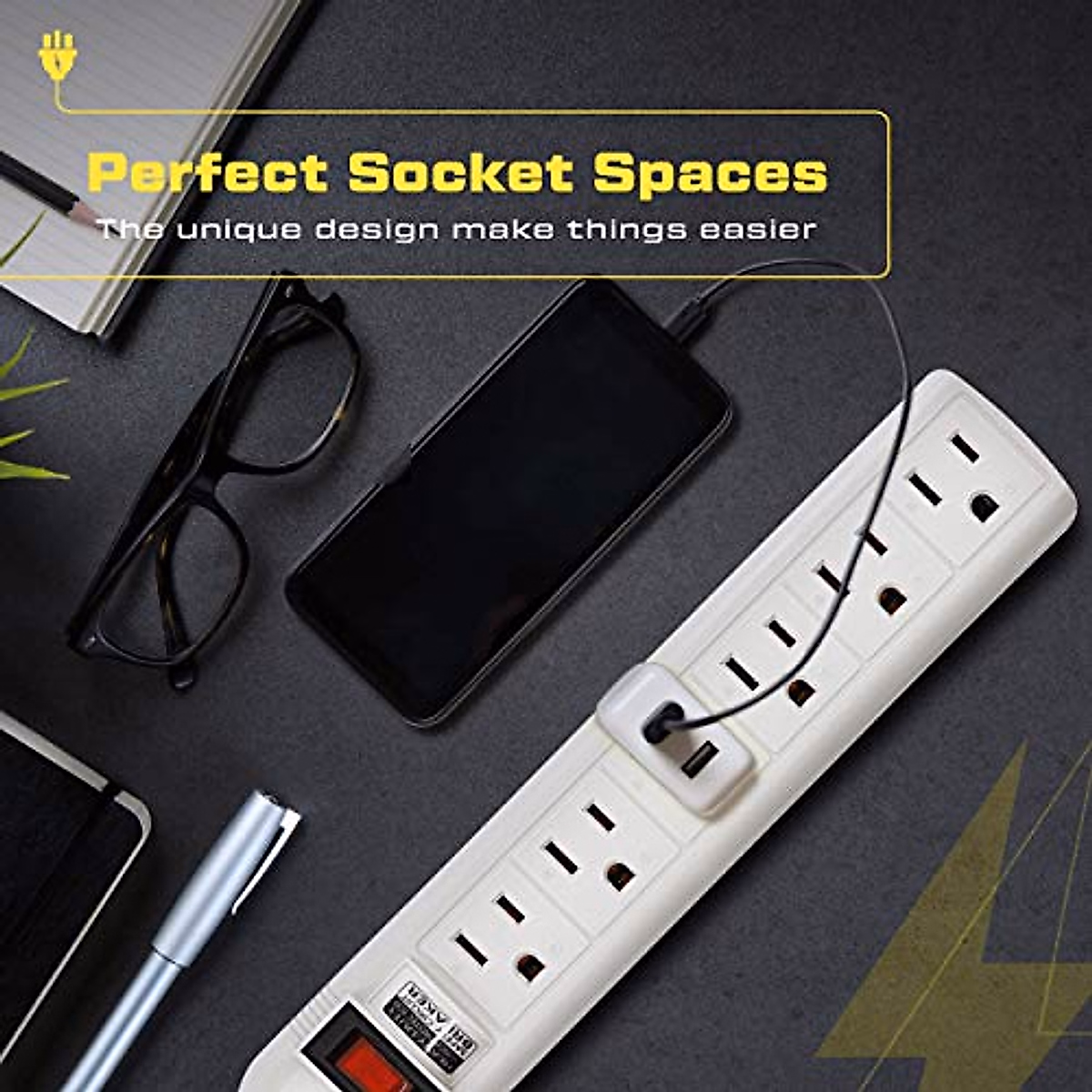6 Outlet Power Strip T-Type - 90 Joules Surge Protector, 14 AWG x 3C, 15 Amp Shock Proof, 3 Prong, White - by Revpex