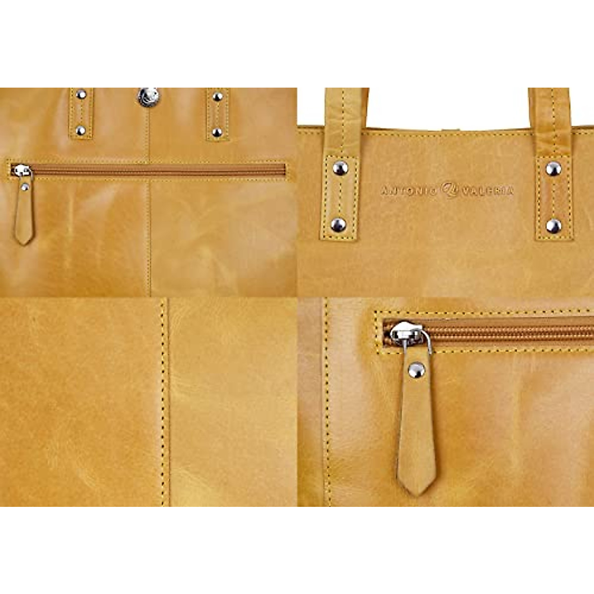 ANTONIO VALERIA Ava Crunch Yellow Leather Top Handle Tote Bag for Women