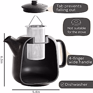 Steinzeit Design Tea Pot (44 oz) - Premium Ceramic Teapot with Infuser for Loose Tea - Black Teapot Ceramic with Removable Strainer
