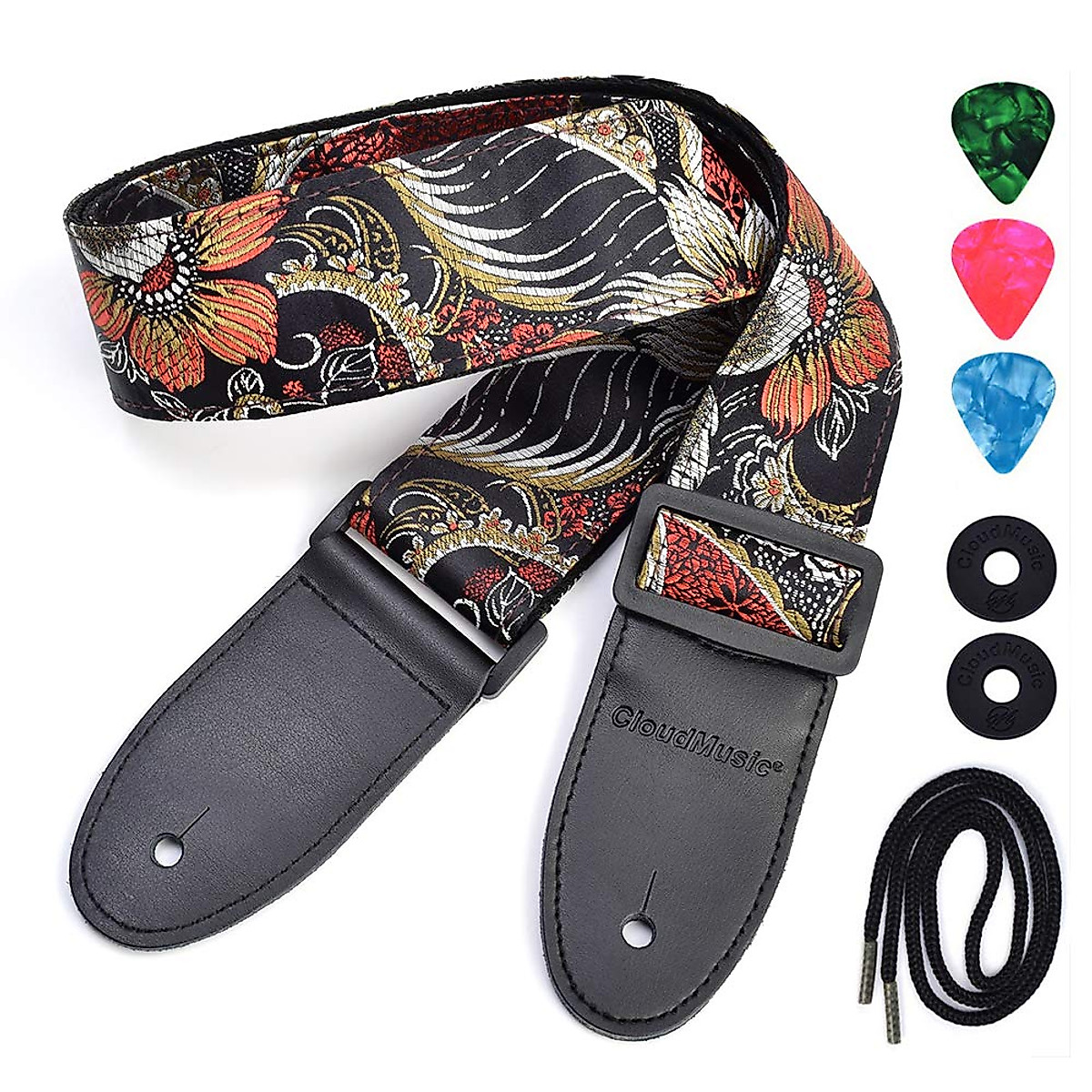 CLOUDMUSIC Guitar Strap For Acoustic Electric Embroidered Jacquard Vintage Floral Patterns(Flowers In Black)